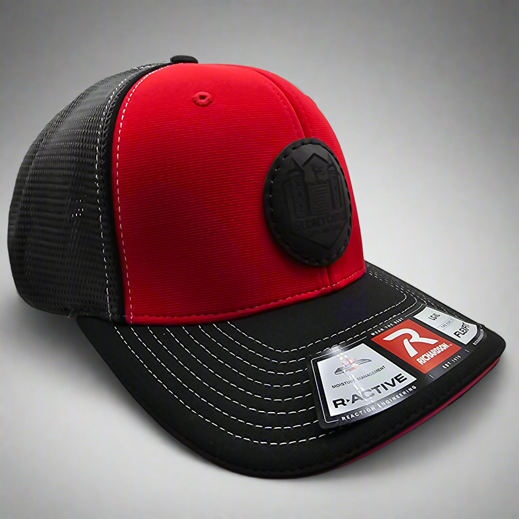 Red/Black Mesh Secret Castle Black Circle Logo FlexFit Cap – Secret ...